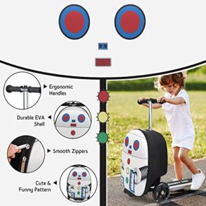 GLACER 19” Hardshell Ride-on Suitcase Scooter, Carry-on Luggage & Scooter w/LED Wheels, Anti-Slip Aluminum Deck, Foldable Kids Ride-on Suitcase for Travel & School, Cute & Lightweight (Robot)