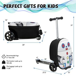 GLACER 19” Hardshell Ride-on Suitcase Scooter, Carry-on Luggage & Scooter w/LED Wheels, Anti-Slip Aluminum Deck, Foldable Kids Ride-on Suitcase for Travel & School, Cute & Lightweight (Robot)