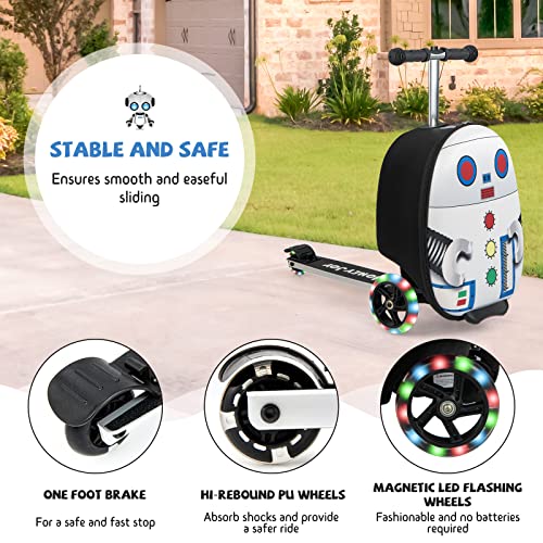 GLACER 19” Hardshell Ride-on Suitcase Scooter, Carry-on Luggage & Scooter w/LED Wheels, Anti-Slip Aluminum Deck, Foldable Kids Ride-on Suitcase for Travel & School, Cute & Lightweight (Robot)