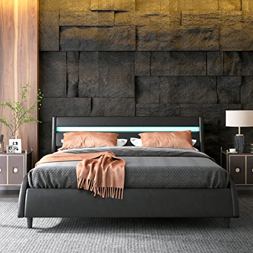 TTVIEW Queen Upholstered Smart LED Bed Frame with Headboard，Modern Faux Leather Wave-Like Platform Bed Frame, Low Profile Bed Frame with Solid Wood Slats Support, Black