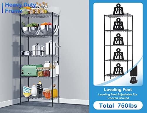 5-Shelf Metal Shelving Unit Height Adjustable Commercial Wire Shelving Rack with Leveling Feet 150Lb Capacity Per Shelf 24"x14"x60" Utility Storage Shelves for Kitchen Home Restaurant Pantry Office