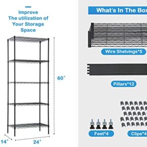 5-Shelf Metal Shelving Unit Height Adjustable Commercial Wire Shelving Rack with Leveling Feet 150Lb Capacity Per Shelf 24"x14"x60" Utility Storage Shelves for Kitchen Home Restaurant Pantry Office