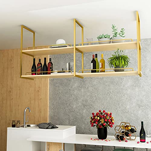 Ceiling Shelf, Hanging Shelf with guardrail - 2 Layer Ceiling Mount Storage Rack with wooden boards, 47.2inch Metal display stand for wine bottle Plants books Storage, for Restaurant, Bar, Cafe