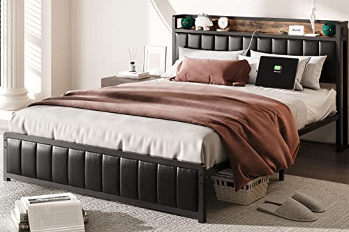 ANCTOR Full Bed Frame with Storage Headboard & Footboard, Upholstered Platform Bed with USB Ports & Outlets, Strong Steel Slats Support Mattress Foundation, No Box Spring Needed