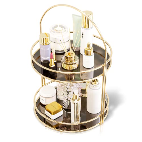 2-Tier Gold Metal Countertop Organizer with Handle - Multipurpose Storage Stand for Bathroom, Vanity Makeup Tray, Kitchen Spice Rack, Cake Stand with Washable Serving Plate