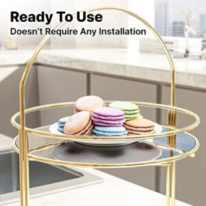 2-Tier Gold Metal Countertop Organizer with Handle - Multipurpose Storage Stand for Bathroom, Vanity Makeup Tray, Kitchen Spice Rack, Cake Stand with Washable Serving Plate