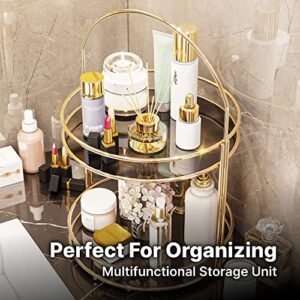 2-Tier Gold Metal Countertop Organizer with Handle - Multipurpose Storage Stand for Bathroom, Vanity Makeup Tray, Kitchen Spice Rack, Cake Stand with Washable Serving Plate