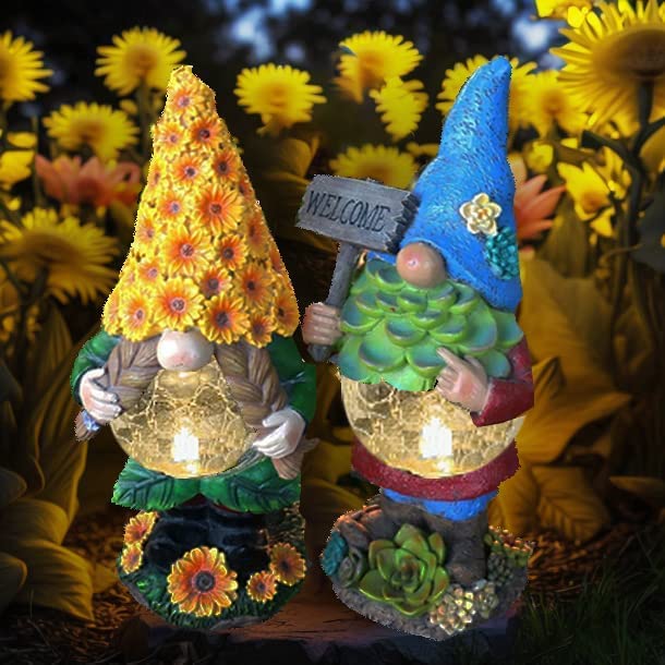 Koncenttop S/2 Gnomes Garden Outdoor Figurine Lights Decor, Solar Light Gnomes Stuatues Yard Decoration, Resin Gnome Figurine Gnome Lady with Sunflower Hat, Outdoor Pation Decor, Gome Gift,Yard Decor