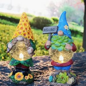 Koncenttop S/2 Gnomes Garden Outdoor Figurine Lights Decor, Solar Light Gnomes Stuatues Yard Decoration, Resin Gnome Figurine Gnome Lady with Sunflower Hat, Outdoor Pation Decor, Gome Gift,Yard Decor