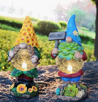 Koncenttop S/2 Gnomes Garden Outdoor Figurine Lights Decor, Solar Light Gnomes Stuatues Yard Decoration, Resin Gnome Figurine Gnome Lady with Sunflower Hat, Outdoor Pation Decor, Gome Gift,Yard Decor