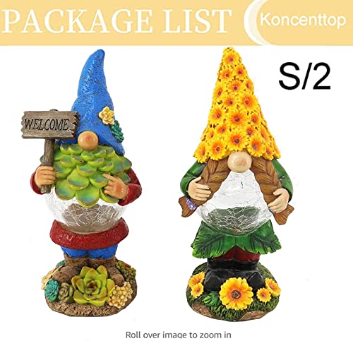 Koncenttop S/2 Gnomes Garden Outdoor Figurine Lights Decor, Solar Light Gnomes Stuatues Yard Decoration, Resin Gnome Figurine Gnome Lady with Sunflower Hat, Outdoor Pation Decor, Gome Gift,Yard Decor