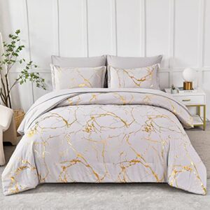 yogeneg gold metallic marble king size comforter set,7 piece bed in a bag,foil print glitter grey comforter and sheet set,all season soft microfiber complete bedding sets(grey,king)