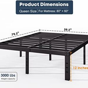 FSCHOS Bed-Frame-Queen, 12 Inch Metal Platform Queen-Size-Bed-Frame No Box Spring Needed, Heavy Duty Queen Size Bed Frame Easy Assembly, Noise Free, Black