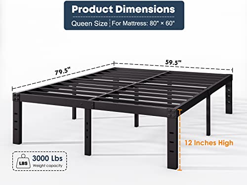 FSCHOS Bed-Frame-Queen, 12 Inch Metal Platform Queen-Size-Bed-Frame No Box Spring Needed, Heavy Duty Queen Size Bed Frame Easy Assembly, Noise Free, Black