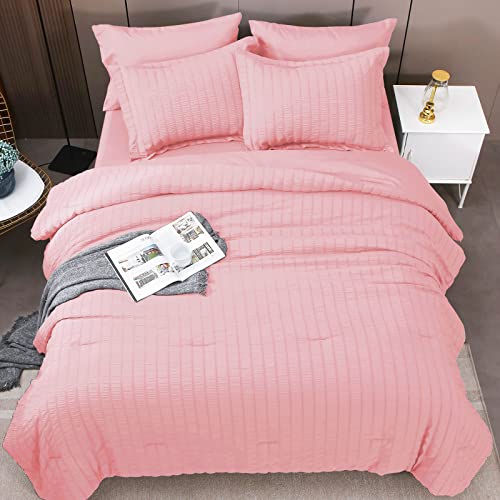 HYMOKEGE Pink Queen Comforter Set Seersucker 8 Pieces, All Season Luxury Bed in a Bag for Bedroom, Bedding Set with Comforters, Sheets & Skirt, Pillowcases & Shams