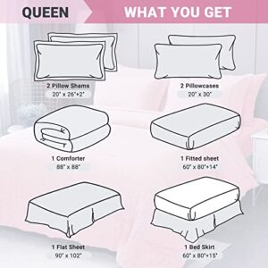 HYMOKEGE Pink Queen Comforter Set Seersucker 8 Pieces, All Season Luxury Bed in a Bag for Bedroom, Bedding Set with Comforters, Sheets & Skirt, Pillowcases & Shams