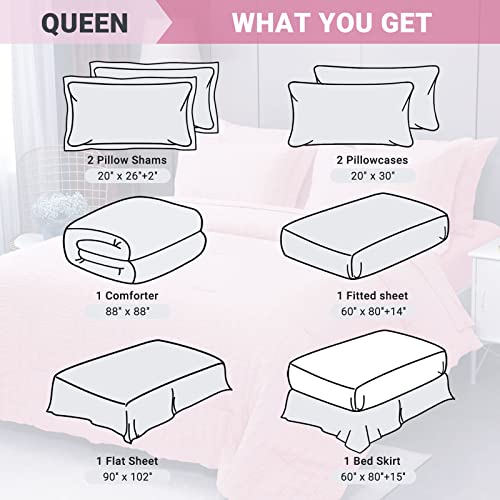 HYMOKEGE Pink Queen Comforter Set Seersucker 8 Pieces, All Season Luxury Bed in a Bag for Bedroom, Bedding Set with Comforters, Sheets & Skirt, Pillowcases & Shams