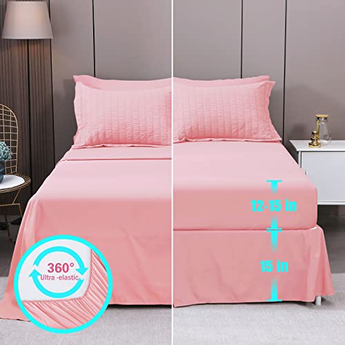 HYMOKEGE Pink Queen Comforter Set Seersucker 8 Pieces, All Season Luxury Bed in a Bag for Bedroom, Bedding Set with Comforters, Sheets & Skirt, Pillowcases & Shams