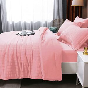 HYMOKEGE Pink Queen Comforter Set Seersucker 8 Pieces, All Season Luxury Bed in a Bag for Bedroom, Bedding Set with Comforters, Sheets & Skirt, Pillowcases & Shams