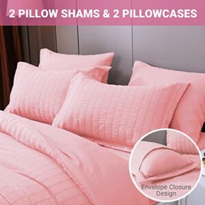 HYMOKEGE Pink Queen Comforter Set Seersucker 8 Pieces, All Season Luxury Bed in a Bag for Bedroom, Bedding Set with Comforters, Sheets & Skirt, Pillowcases & Shams