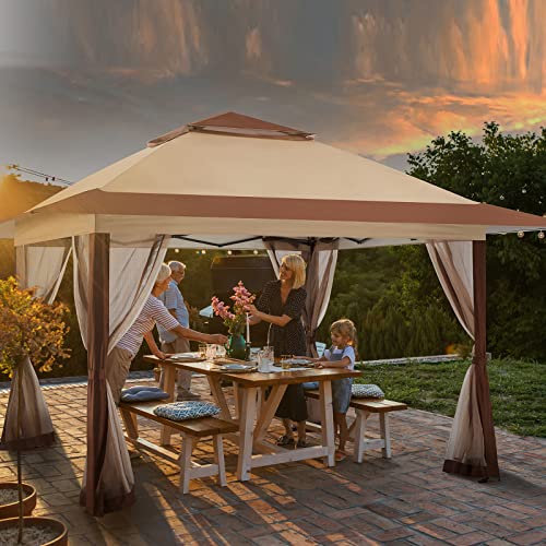 UDPATIO Pop Up Gazebo 13'x13' Patio Gazebo Tent Instant, Outdoor Gazebo with Mosquito Netting, Metal Frame Outdoor Canopies for Shade and Rain for Lawn, Garden, Backyard and Deck, Beige