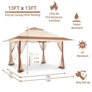 UDPATIO Pop Up Gazebo 13'x13' Patio Gazebo Tent Instant, Outdoor Gazebo with Mosquito Netting, Metal Frame Outdoor Canopies for Shade and Rain for Lawn, Garden, Backyard and Deck, Beige