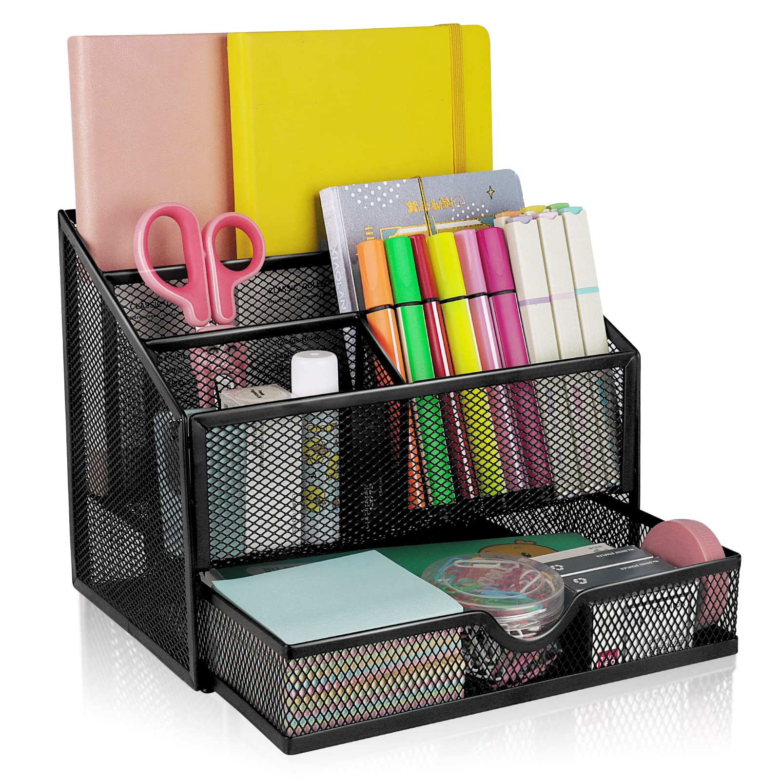 HOPECK Desk Organizer Office Accessories, Upgraded Multi-Functional Mesh Desk Organizer with 4 Compartments and 1 Drawer for Home, Office, School, Workshop, kitchen (Black)