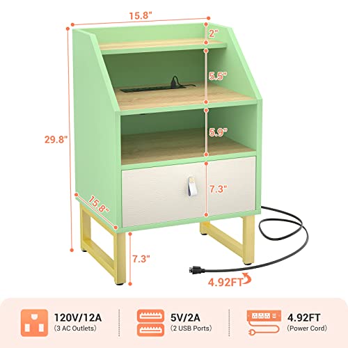 Cyclysio Nightstand with Charging Station and LED Light, 30 Inches Tall Night Stand with Top Baffle,Super Large Storage Space Bedside Tables for Bedroom, Sofa Side