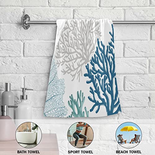 PATINISA Nautical Blue Coral Hand Towels for Bathroom Set of 2 Coastal Teal Beige Coral Soft Absorbent Ocean Theme Kitchen Dish Towels Decorative Bathroom Towels for Face,Hair,Guest,Gym,Spa 14"x28"