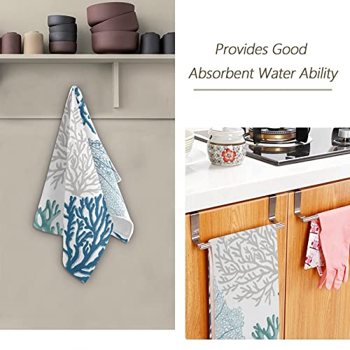 PATINISA Nautical Blue Coral Hand Towels for Bathroom Set of 2 Coastal Teal Beige Coral Soft Absorbent Ocean Theme Kitchen Dish Towels Decorative Bathroom Towels for Face,Hair,Guest,Gym,Spa 14"x28"