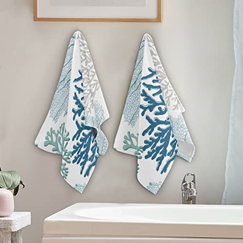 PATINISA Nautical Blue Coral Hand Towels for Bathroom Set of 2 Coastal Teal Beige Coral Soft Absorbent Ocean Theme Kitchen Dish Towels Decorative Bathroom Towels for Face,Hair,Guest,Gym,Spa 14"x28"