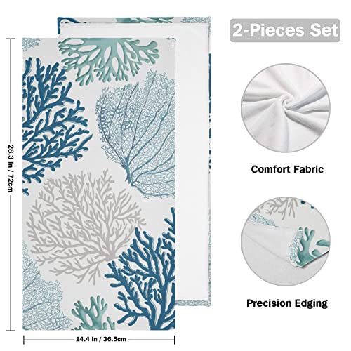 PATINISA Nautical Blue Coral Hand Towels for Bathroom Set of 2 Coastal Teal Beige Coral Soft Absorbent Ocean Theme Kitchen Dish Towels Decorative Bathroom Towels for Face,Hair,Guest,Gym,Spa 14"x28"