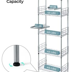 LINSY HOME 5-Tier Storage Shelves with 2 Rotatable Shelves, Height Adjustable Metal Pantry Shelves with 5 Hooks and Shelf Liners, Heavy Duty Metal Shelving, Wire Shelving for Kitchen, Bathroom -Sliver