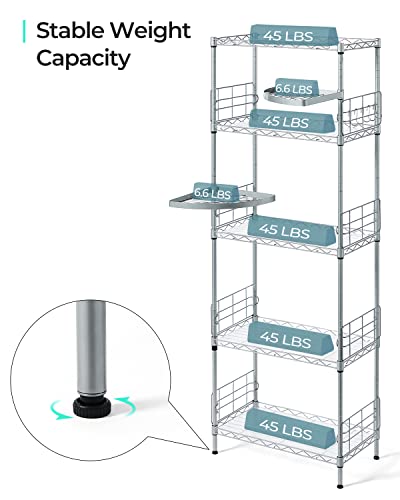 LINSY HOME 5-Tier Storage Shelves with 2 Rotatable Shelves, Height Adjustable Metal Pantry Shelves with 5 Hooks and Shelf Liners, Heavy Duty Metal Shelving, Wire Shelving for Kitchen, Bathroom -Sliver