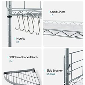 LINSY HOME 5-Tier Storage Shelves with 2 Rotatable Shelves, Height Adjustable Metal Pantry Shelves with 5 Hooks and Shelf Liners, Heavy Duty Metal Shelving, Wire Shelving for Kitchen, Bathroom -Sliver