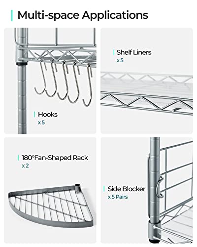 LINSY HOME 5-Tier Storage Shelves with 2 Rotatable Shelves, Height Adjustable Metal Pantry Shelves with 5 Hooks and Shelf Liners, Heavy Duty Metal Shelving, Wire Shelving for Kitchen, Bathroom -Sliver