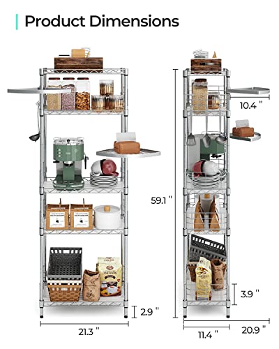 LINSY HOME 5-Tier Storage Shelves with 2 Rotatable Shelves, Height Adjustable Metal Pantry Shelves with 5 Hooks and Shelf Liners, Heavy Duty Metal Shelving, Wire Shelving for Kitchen, Bathroom -Sliver