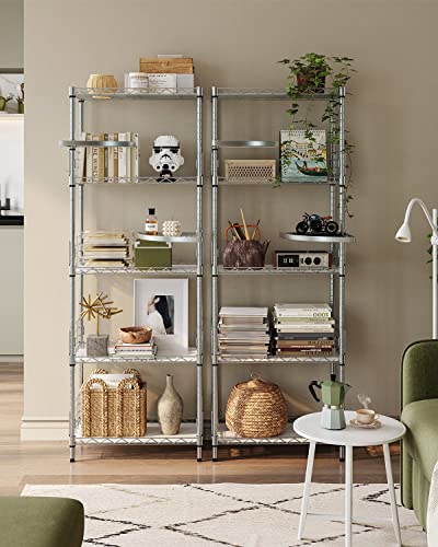 LINSY HOME 5-Tier Storage Shelves with 2 Rotatable Shelves, Height Adjustable Metal Pantry Shelves with 5 Hooks and Shelf Liners, Heavy Duty Metal Shelving, Wire Shelving for Kitchen, Bathroom -Sliver