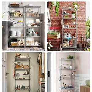 LINSY HOME 5-Tier Storage Shelves with 2 Rotatable Shelves, Height Adjustable Metal Pantry Shelves with 5 Hooks and Shelf Liners, Heavy Duty Metal Shelving, Wire Shelving for Kitchen, Bathroom -Sliver