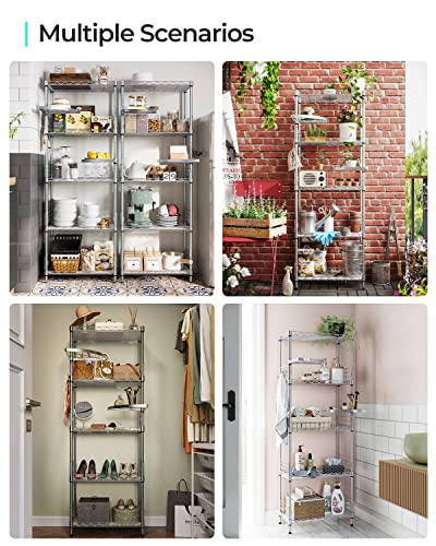 LINSY HOME 5-Tier Storage Shelves with 2 Rotatable Shelves, Height Adjustable Metal Pantry Shelves with 5 Hooks and Shelf Liners, Heavy Duty Metal Shelving, Wire Shelving for Kitchen, Bathroom -Sliver