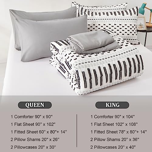 DJY Boho Comforter Set Queen Size Bed in a Bag 7 Piece Black and White Tufted Shabby Chic Bedding Embroidered Stripe Comforter with Sheets and Pillowcases, Soft Lightweight Bedding for All Season