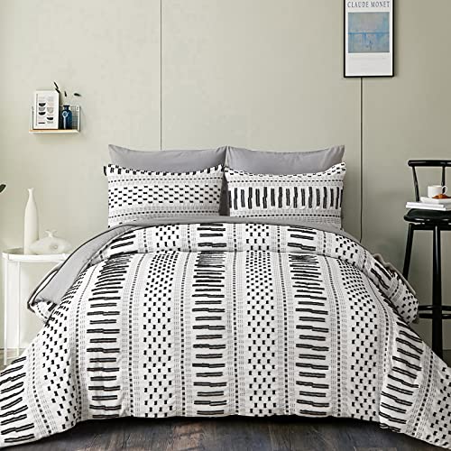 DJY Boho Comforter Set Queen Size Bed in a Bag 7 Piece Black and White Tufted Shabby Chic Bedding Embroidered Stripe Comforter with Sheets and Pillowcases, Soft Lightweight Bedding for All Season