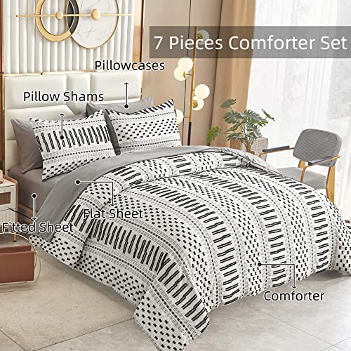 DJY Boho Comforter Set Queen Size Bed in a Bag 7 Piece Black and White Tufted Shabby Chic Bedding Embroidered Stripe Comforter with Sheets and Pillowcases, Soft Lightweight Bedding for All Season