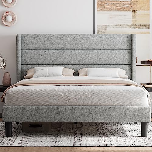 Feonase Queen Bed Frame, Upholstered Platform Bed Frame with Wingback, Wood Slats Support, No Box Spring Needed, Easy Assembly, Noise-Free, Light Gray