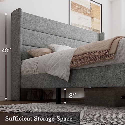 Feonase Queen Bed Frame, Upholstered Platform Bed Frame with Wingback, Wood Slats Support, No Box Spring Needed, Easy Assembly, Noise-Free, Light Gray