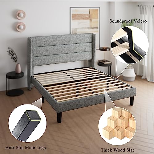 Feonase Queen Bed Frame, Upholstered Platform Bed Frame with Wingback, Wood Slats Support, No Box Spring Needed, Easy Assembly, Noise-Free, Light Gray