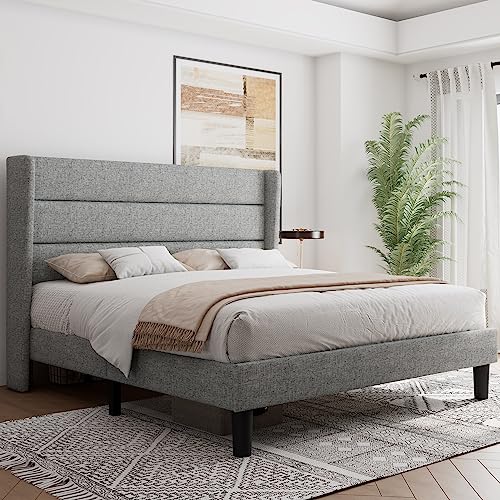 Feonase Queen Bed Frame, Upholstered Platform Bed Frame with Wingback, Wood Slats Support, No Box Spring Needed, Easy Assembly, Noise-Free, Light Gray