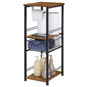 Bathroom Towel Storage Shelf 3 Tier Standing Towel Cabinet Organizer with Paper Hanger Multipurpose Rack Organizer Floor Bath Storage Shelf with Basket for Lavatory Powder Room