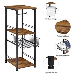 Bathroom Towel Storage Shelf 3 Tier Standing Towel Cabinet Organizer with Paper Hanger Multipurpose Rack Organizer Floor Bath Storage Shelf with Basket for Lavatory Powder Room