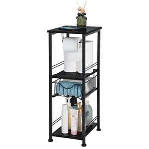 bathroom shelf 3 tier bathroom storage cabinet freestanding tower rack with drawer floor towel storage stand with toilet paper hanger narrow storage organizer rack for laundry room bedroom black